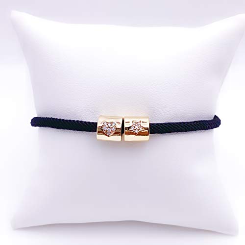 LESLIE BOULES Black Cord Bracelet for Women Gold Plated Heart and Star Cylindrical Charm
