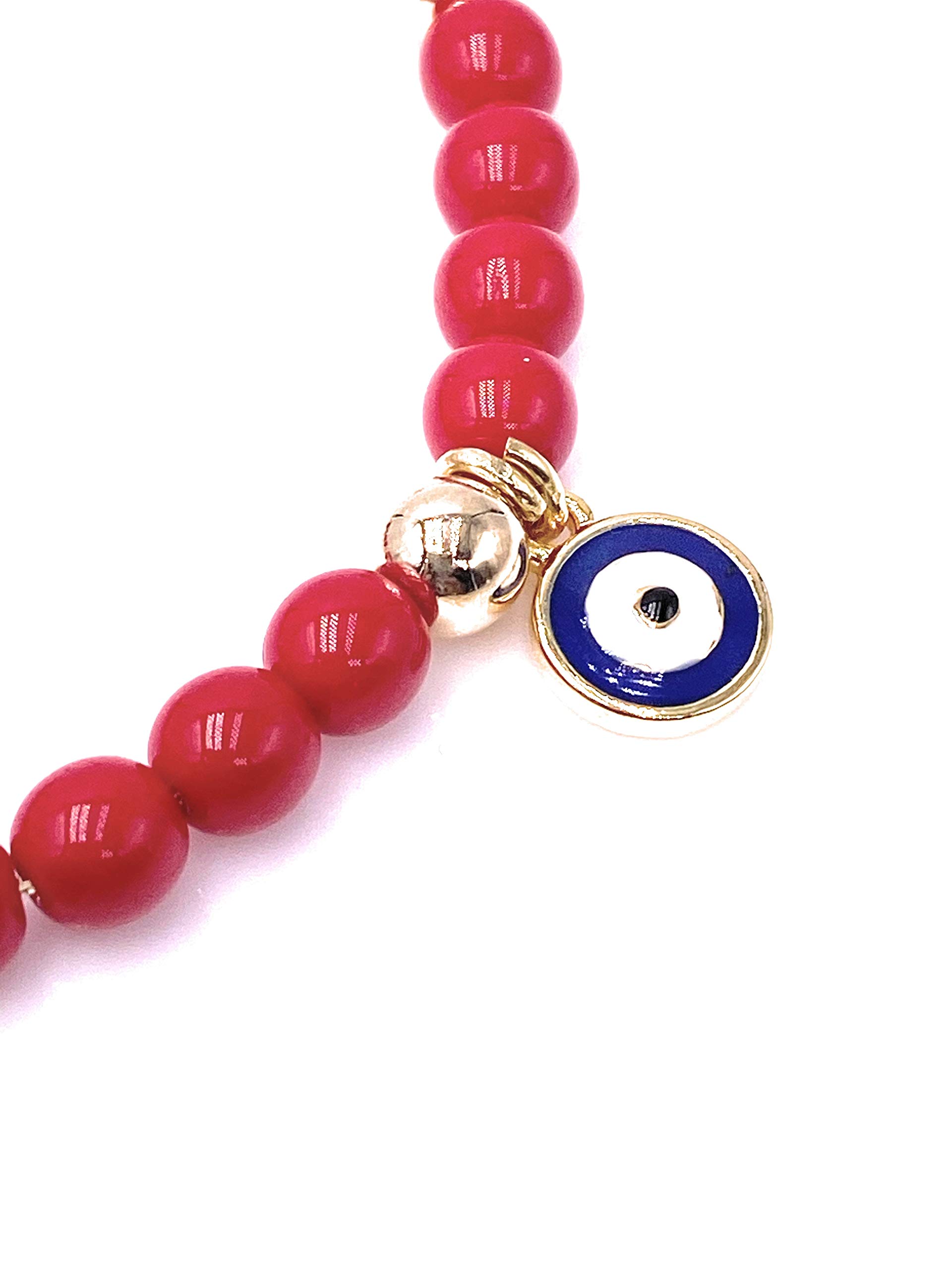 LESLIE BOULES Saint Benedict Red Glass Beads Bracelet Genuine Azabache and Blue Evil Eye Handmade Jewelry