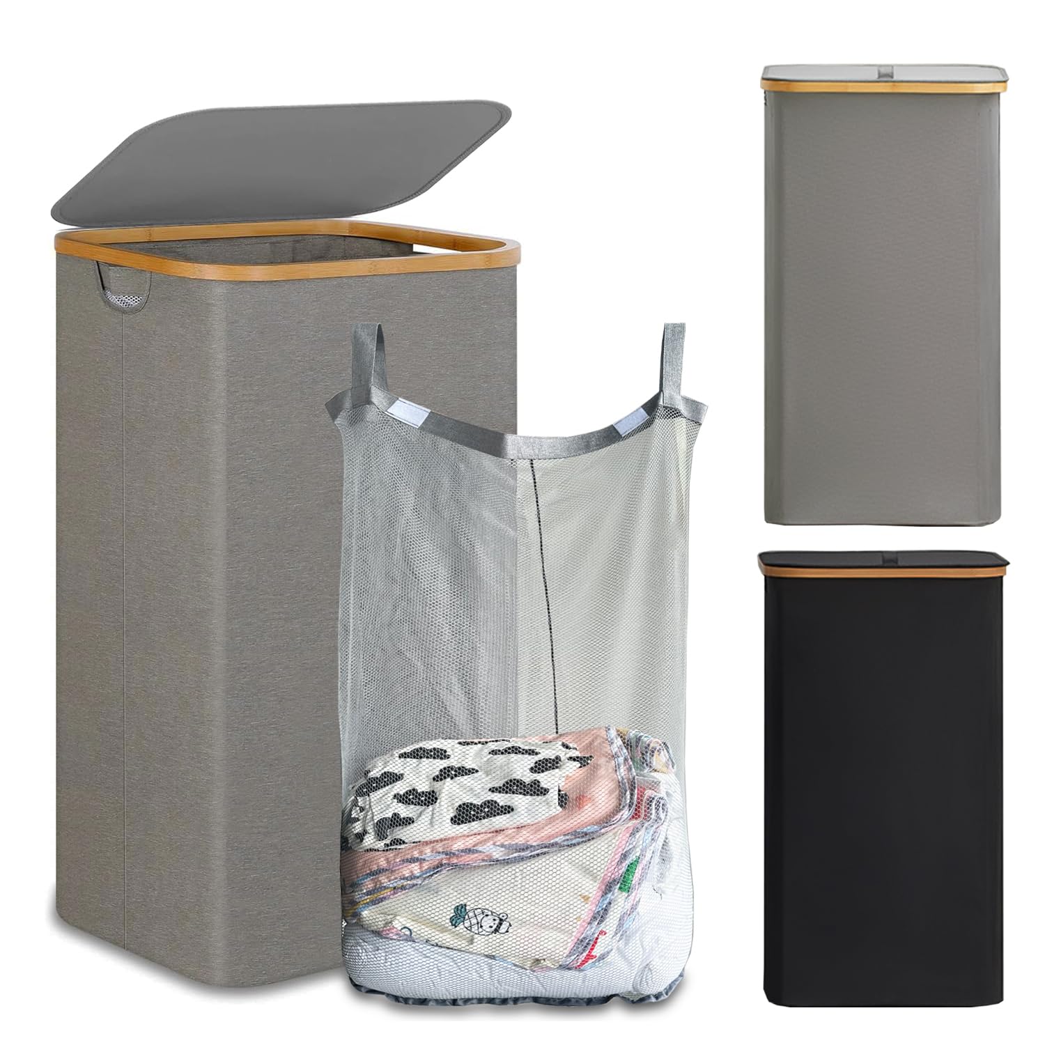 Ulbemoll Laundry Hamper with Lid, 26 Gal(100L) Grey Laundry Basket With Bamboo Handles Slim Foldable, Removable Mesh Liner Large Wash Baskets Laundry Bin Dirty Clothes Basket for Bedroom, Bathroom
