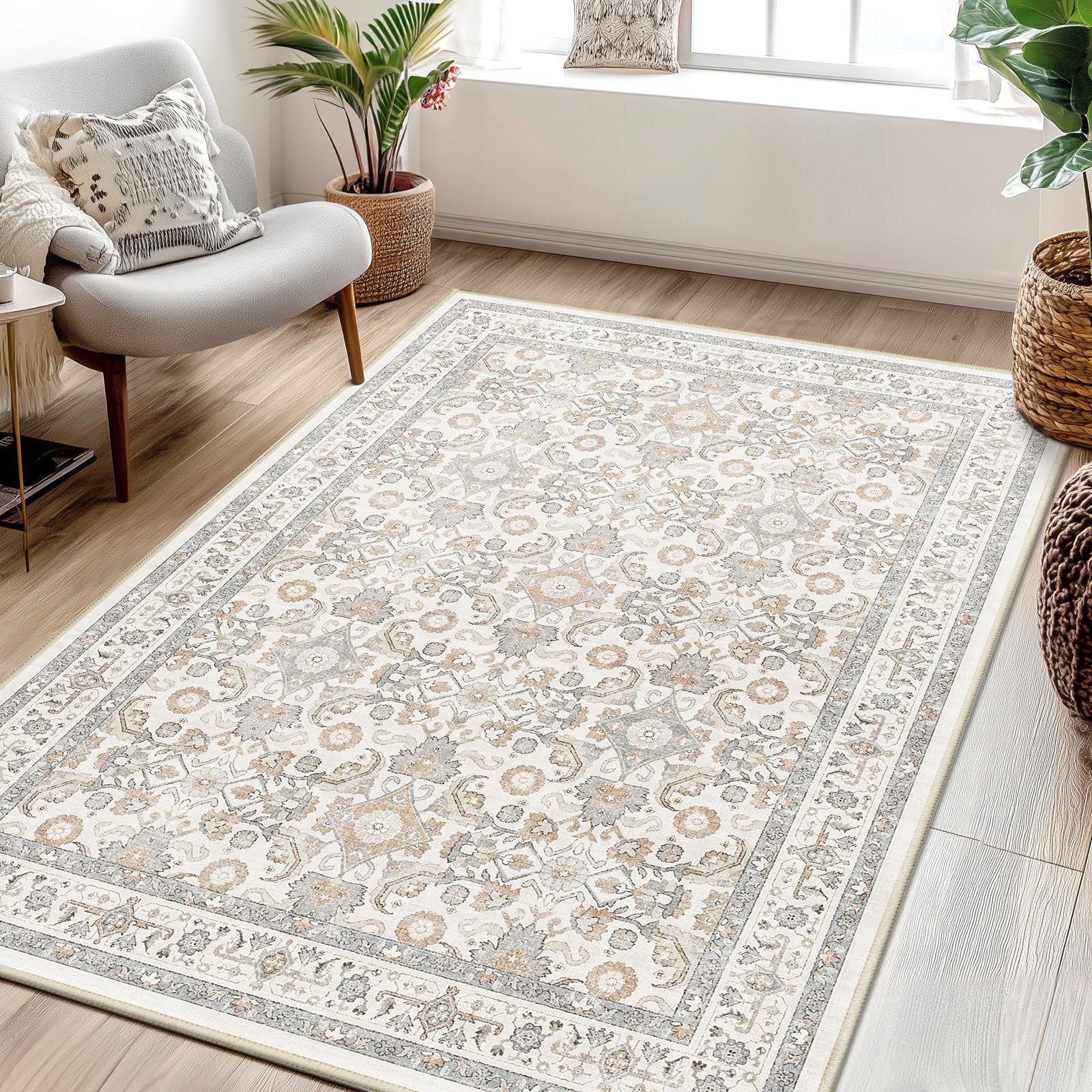 WITSHOCK Washable Area Rug, 5x7 Area Rugs for Living Room Bedroom Kitchen Rugs, Vintage Boho Accent Kitchen Rugs Non Slip Washable Stain Low Pile Resistant Floor Carpet, Indoor Entryway Rug, Camel