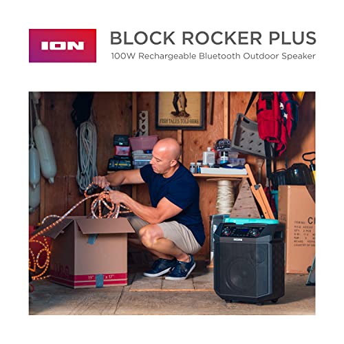 ION Block Rocker Plus - 100W Bluetooth Outdoor Speaker with Rechargeable Battery, Karaoke Microphone, Radio, Wheels, Telescopic Handle & USB Charging