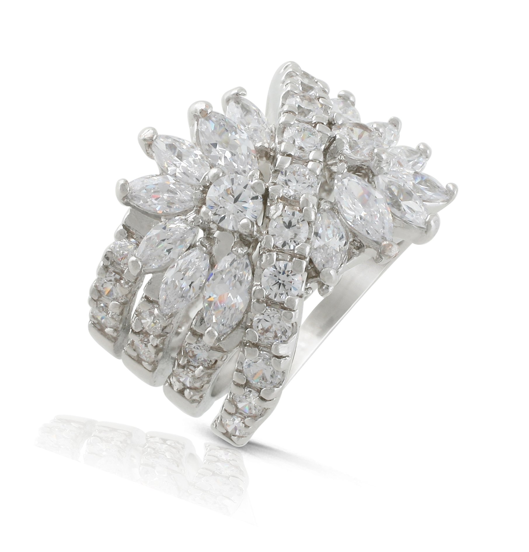 JanKuo Jewelry Rhodium Plated Marquise Cubic Zirconia Floral Cocktail Wide Band Ring (8)
