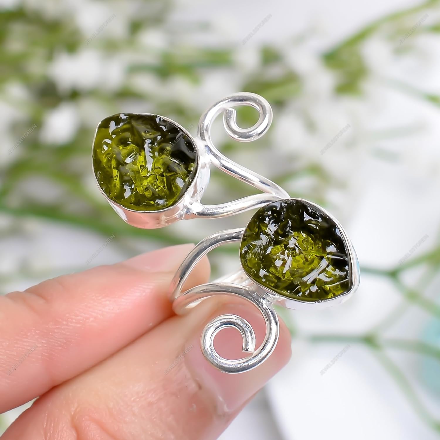 Moldavite Gemstone Ring/Healing Moldavite/Silver Plated Synthetic Moldavite/Green Moldavite Gemstone Ring (5 US)