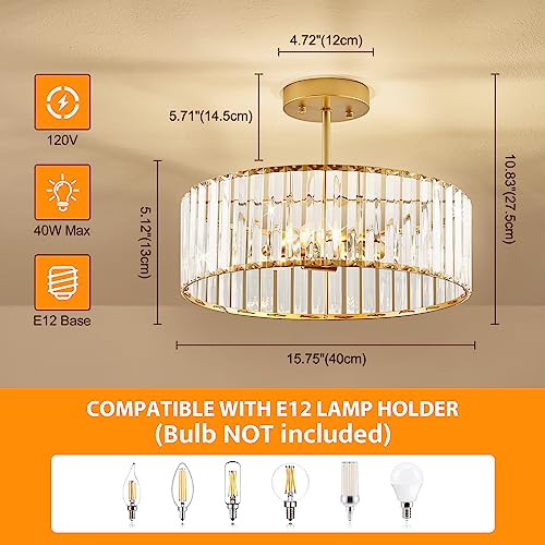 VIOLOEMI Modern Gold Semi Flush Mount Ceiling Light Crystal 3-Light Living Room Ceiling Lamp 15.75 Inch Kitchen Light Fixture for Bedroom Dinner Room Bathroom Entryway (Bulb Not Include)