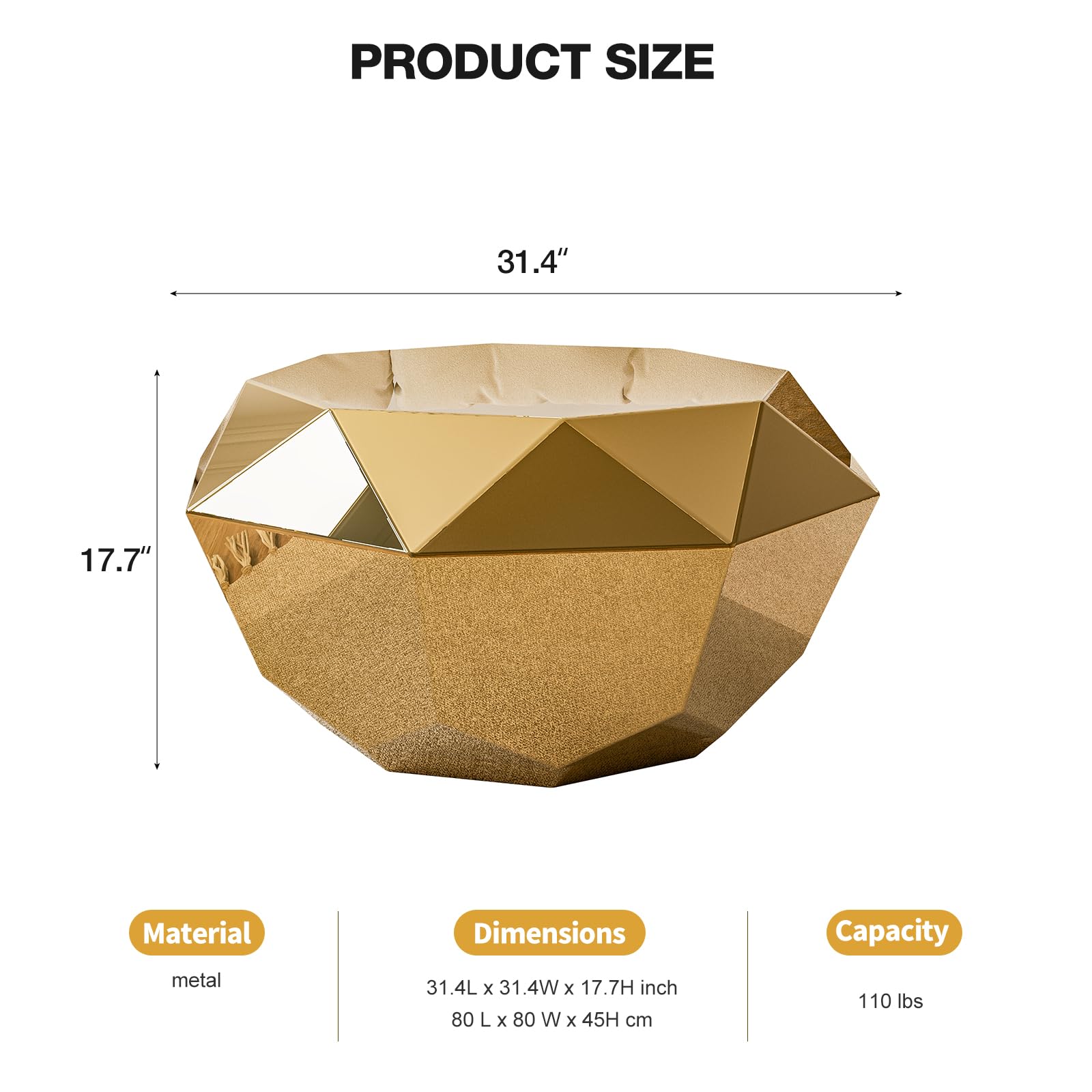 IKIFLY Modern Gold Stainless Coffee Table, Large Diamond Fashion Design Accent Table End Table for Living Room Bedroom