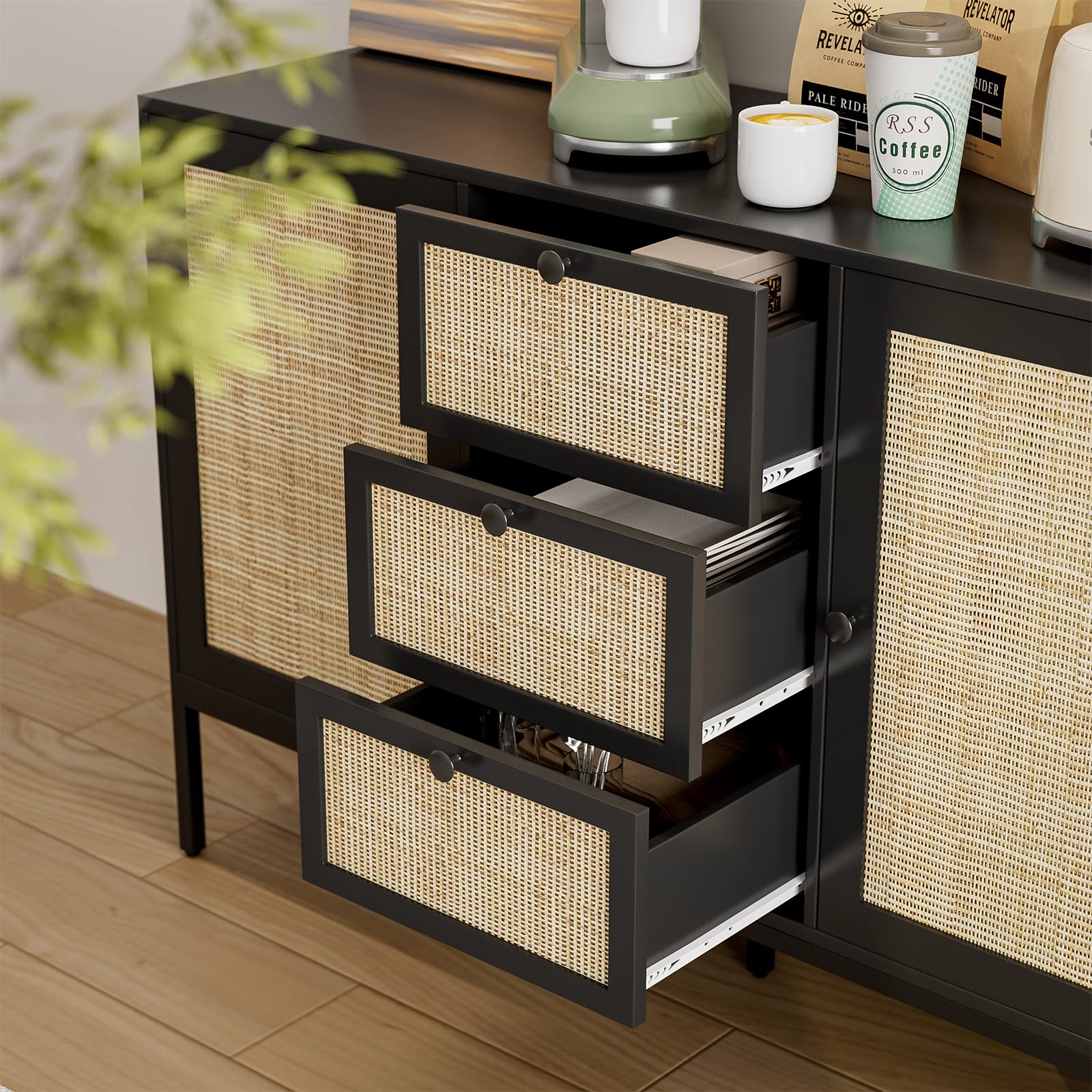 IKIFLY LED Sideboard Buffet Cabinet with 3 Drawers & 2 Doors, Modern Kitchen Rattan Storage Cabinet for Dining Room, Kitchen, Living Room, Entryway