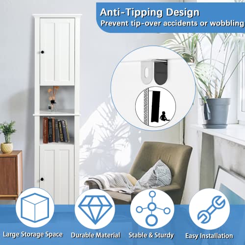 Unovivy Tall Bathroom Storage Cabinet Floor Standing Freestanding Linen Tower with 2 Doors & 6 Shelves, 15.7X 11.8X 66.9 Inches, for Living Room, Kitchen, Off-White