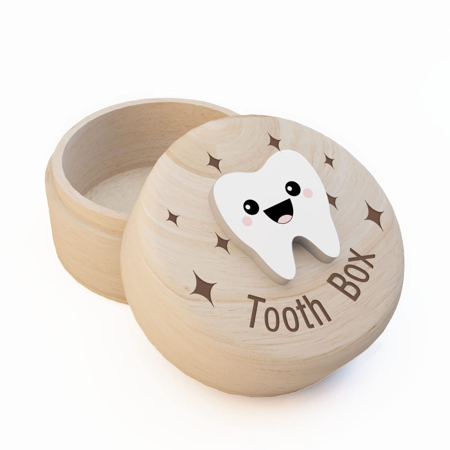 Tooth Box for Kids, Tooth Fairy Wooden Box with Engraved Four-Pointed Star and 3D Tooth, Stores Lost Teeth for Boys and Girls Easy to Carry, Dropped Tooth Keepsake Storage Box (Tooth)