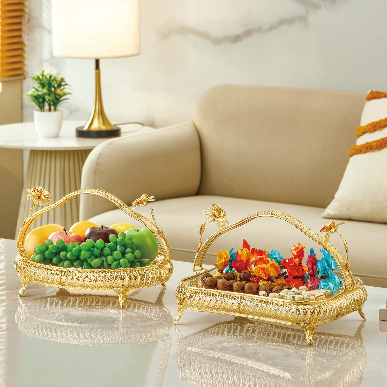 MNZJIA Fruit Basket Gold Fruit Bowl Fruit Basket Moiuhtu Fruit Stand For Countertop Party Wedding Decoration Snack Fruit Plate(Rectangle)