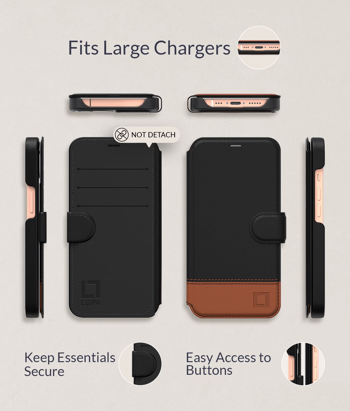 iPhone 15 Wallet Case for Women and Men, Case with Card Holder [Slim & Protective] for Apple 15 (6.1”), Vegan Leather i-Phone Cover, Cute Phone Case, Black & Brown, Sandy Night