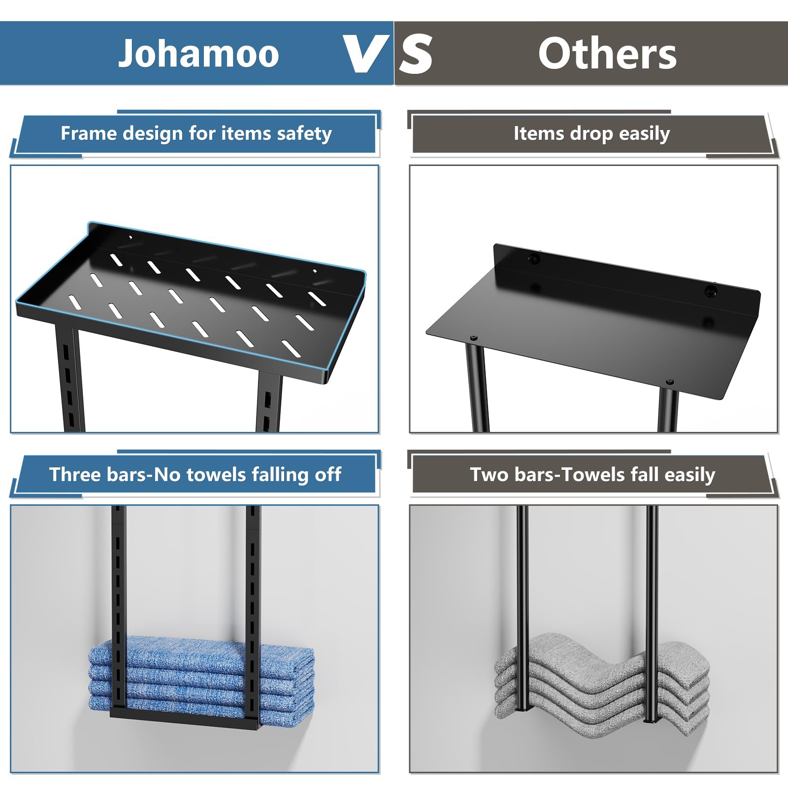 Johamoo Towel Racks for Bathroom, Wall Mounted Towel Rack for Rolled Towels with Shelf, Camping Chair Storage for Garage, Multifunctional Metal Storage Rack Wall Holder Organizer with Storage Basket