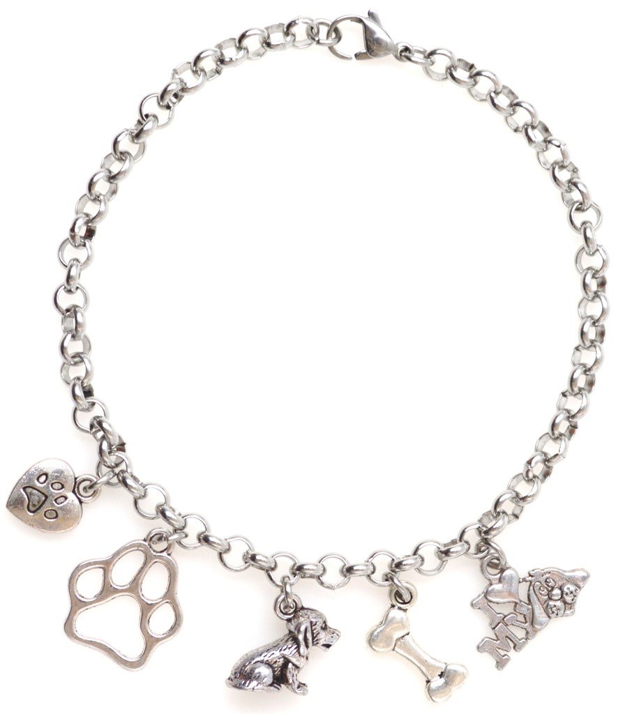 It's All About...You! Adjustable 8.5” Stainless Steel Bracelet Puppy Heart Paw I Love My Dog Bone Paw Personalize with Clip on Charms 3D Dog Set 69G