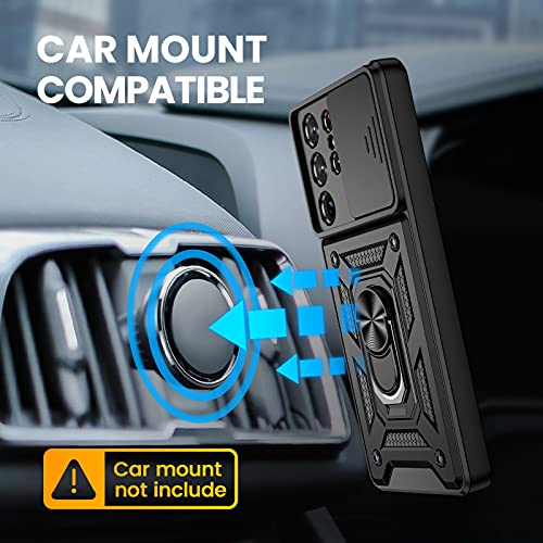 VEGO for Galaxy S21 Ultra Case with Slide Camera Cover, Built-in 360° Rotate Ring Kickstand Magnetic Cover Case for Samsung Galaxy S21 Ultra 5G 6.8 inch - Black