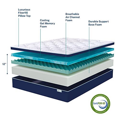 Sleep Innovations Skyler 12 Inch Cooling Gel Memory Foam Mattress with Plush Fiber Fill Pillow Top, Queen Size, Bed in a Box, Soft and Plush Support