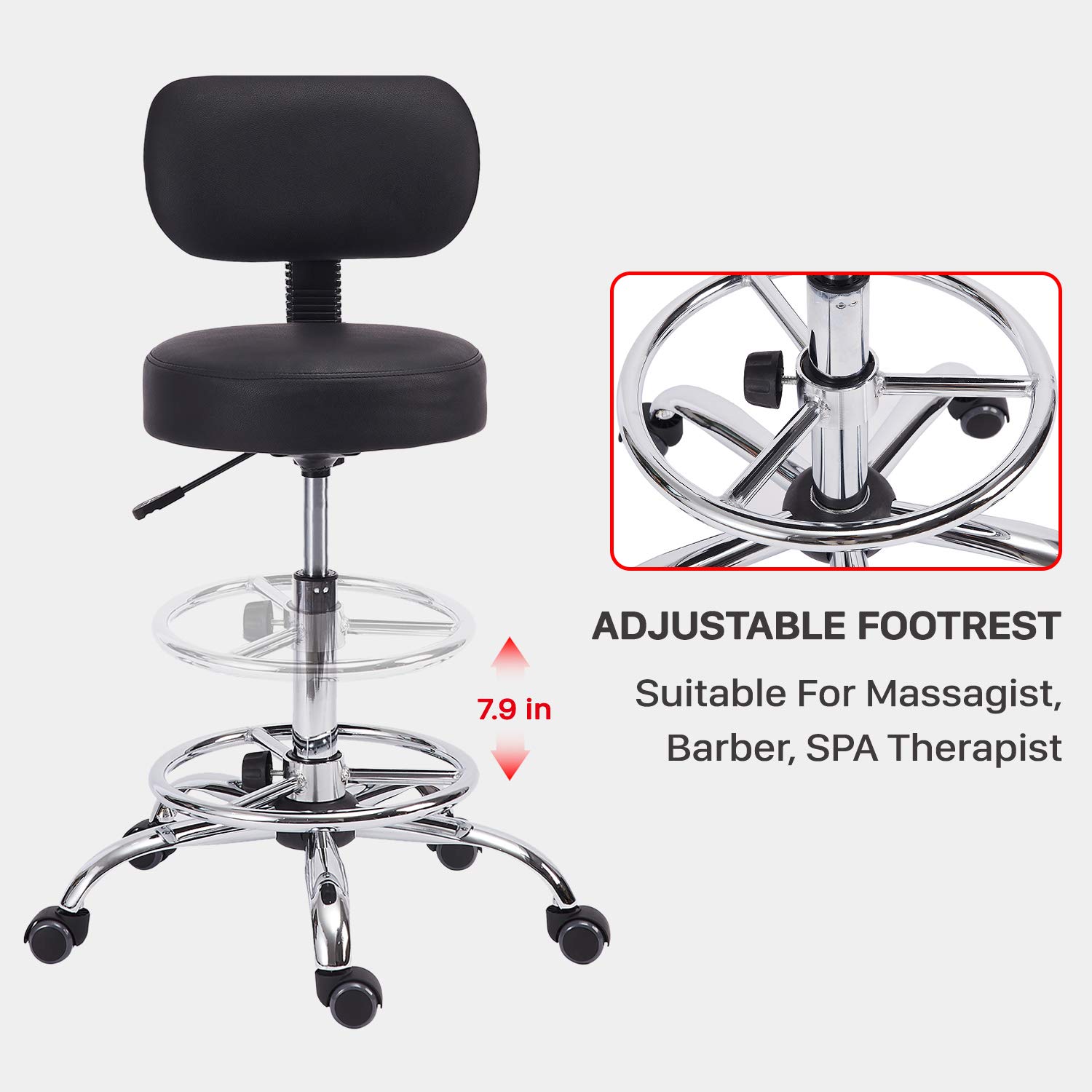 KLASIKA Drafting Swivel Chair with Back Support and Adjustable Footrest Rolling Stool, Multi-Purpose Office Desk Chair for Bar Kitchen Shop, Black