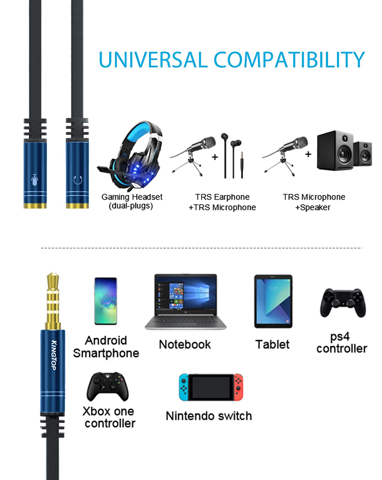 KINGTOP 3.5mm Combo Audio Adapter Cable Compatible for PS4,PS5,Xbox One S,Switch,Tablet,Mobile Phone,PC Gaming Headsets and New Version Laptop(Blue)