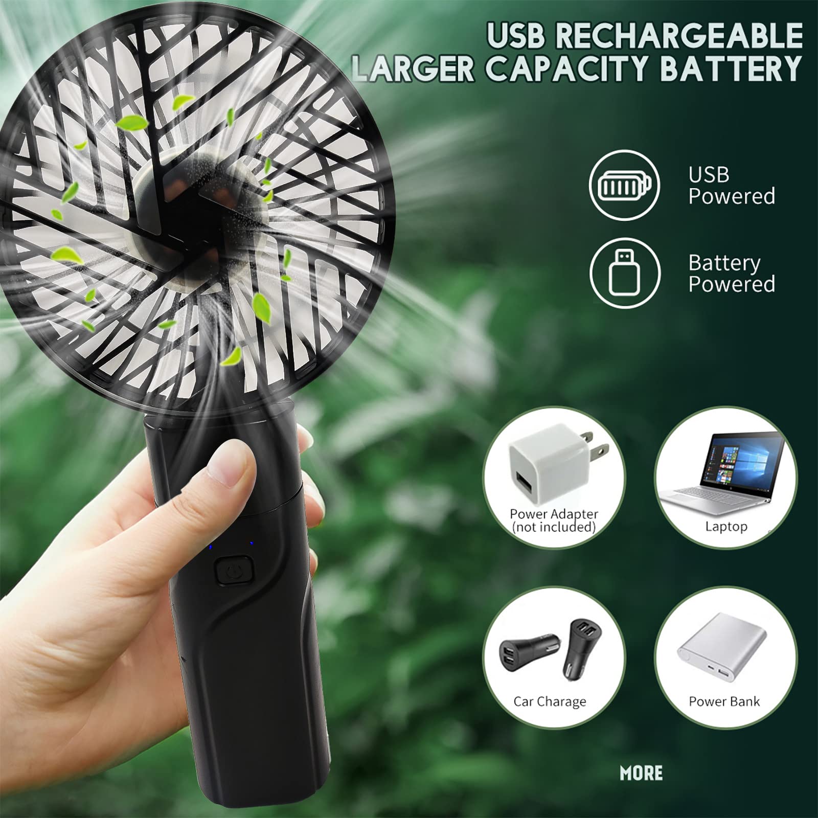 Portable Handheld Fan with Power Bank, Foldable Mini Desk Fan, USB Powered Fan, Battery Operated Fan for Camping, Travel, Outdoors and Indoors Black