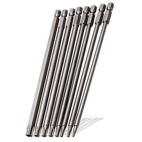 Saiper 8 Pieces 1/4 Inch Hex Shank Torx Security Head Screw Driver Bit Magnetic Star S2 Steel Screwdriver Set Bits T8-T40, 150mm/6 Inch Long