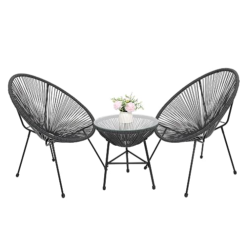 voqoomkl 3-Piece Outdoor Acapulco Chair, All-Weather Weave Lounge Chair,Patio Conversation Bistro Set with Glass Top Table,Balcony Chair Egg Chairs for Porch, Lawn, Balcony, Poolside Seating
