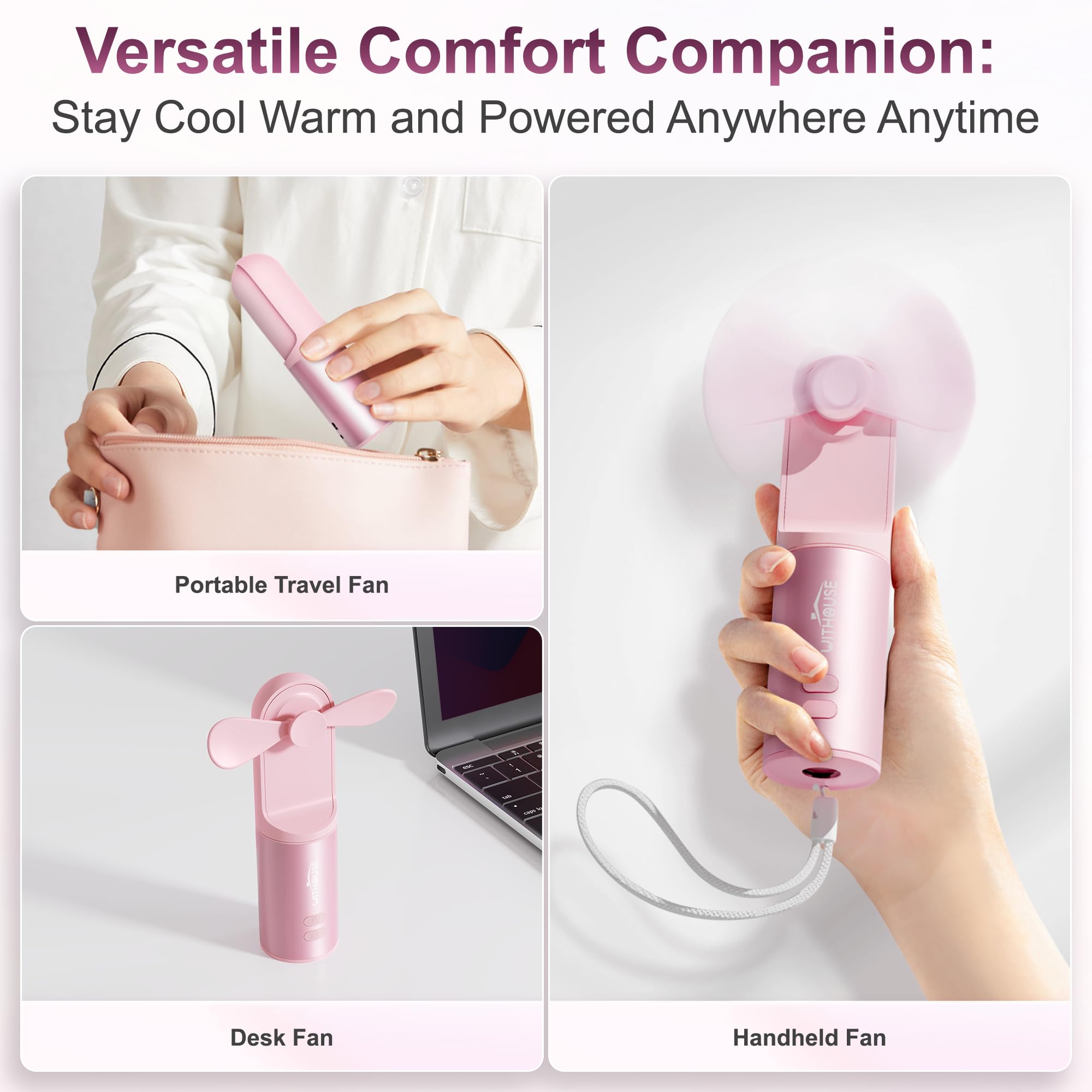 Portable Handheld Mini Fan, 4 in 1 Rechargeable Usb Fan, Small Hand Fan,Personal Desk Fan with Power Bank, Hand Warmer,Flashlight for Travel Camping