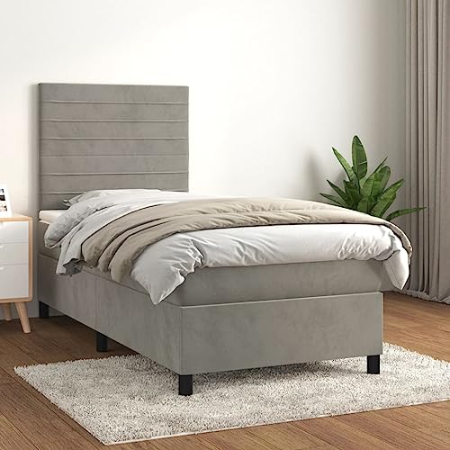 vidaXL Bed Frame, Box Spring Bed Single Platform Bed with Mattress, Bed Frame Mattress Foundation with Headboard for Bedroom, Light Gray Twin Velvet