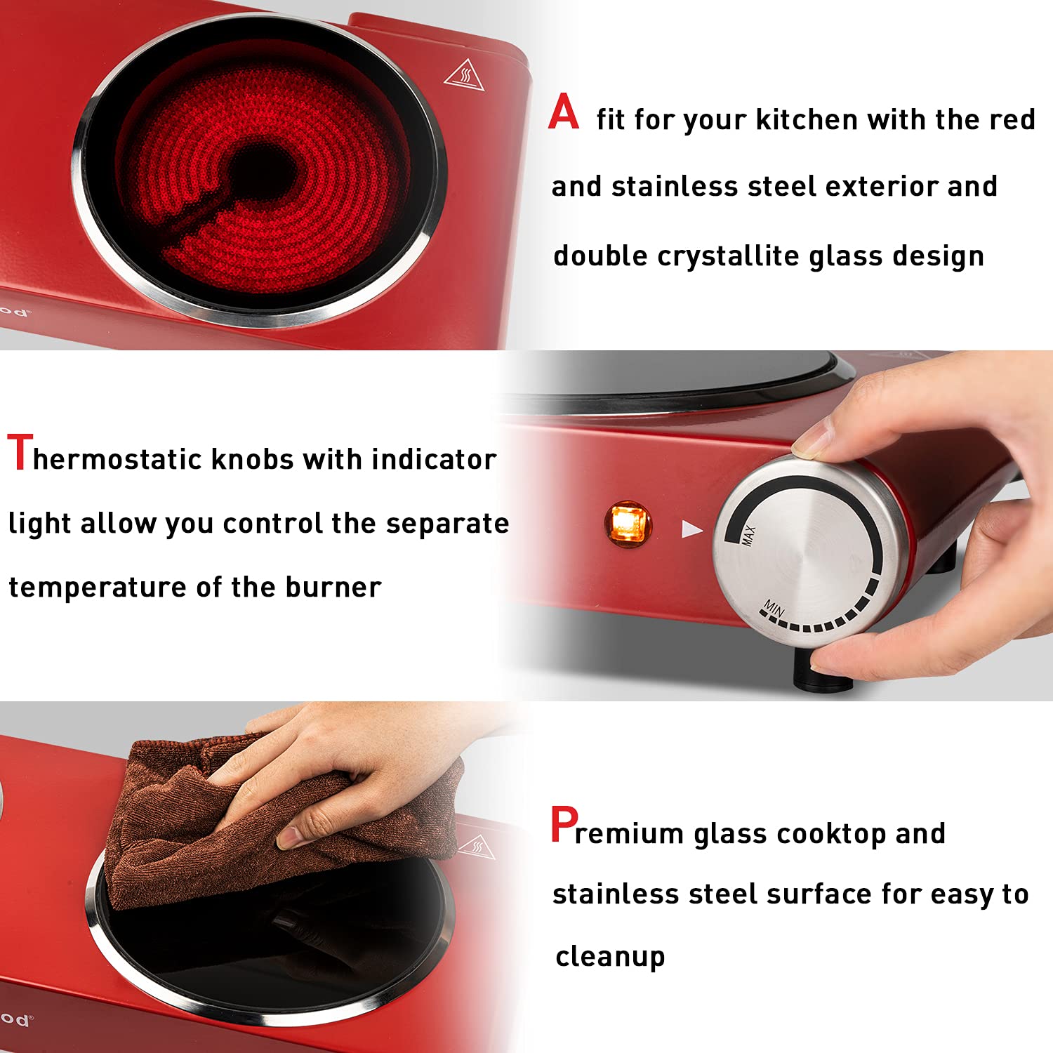 Hot Plate, Techwood 1800W Dual Electric Stoves, Countertop Stove Double Burner for Cooking, Infrared Ceramic Hot Plates Double Cooktop, Red, Brushed Stainless Steel Easy To Clean Upgraded Version, Red
