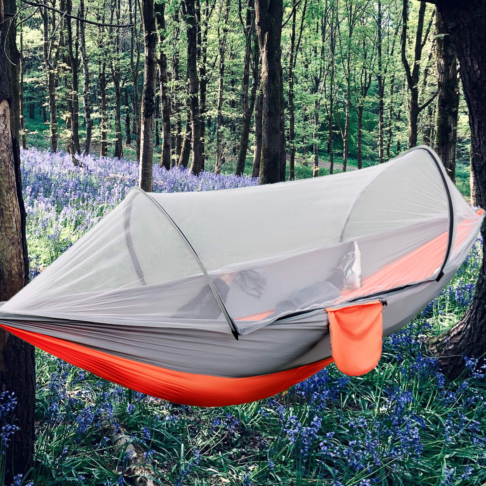 Large Camping Hammock with Mosquito Net, Lightweight Double & Single Hammock Tent for Camping Portable Travel Hammock Sturdy and 500lb Load-Bearing for Outdoor Hiking Backpacking Backyard Patio
