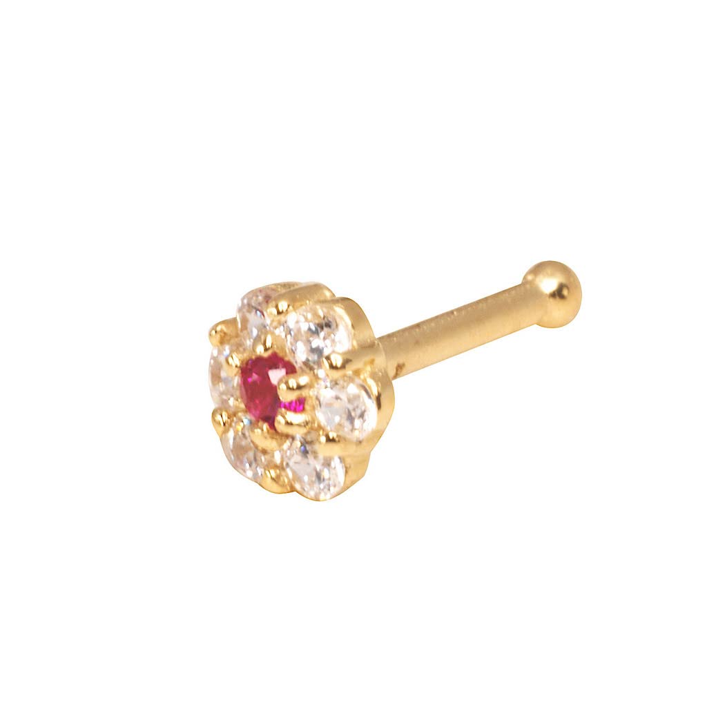 Jewelryweb Solid 14ct Yellow Gold 3 mm 20 Gauge Red CZ Cubic Zirconia Simulated Diamond Flower Nose Stud (Yellow Gold) Jewelry Gifts for Women