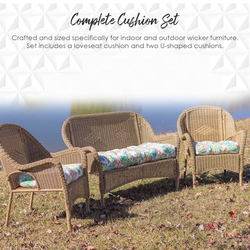 RSH DECOR Indoor Outdoor 3 Piece Tufted Wicker Cushion Set, Two U-Shape 19" x 19" and Loveseat 41" x 19" Daelyn Cherry Red with Blue Yellow, Green Floral