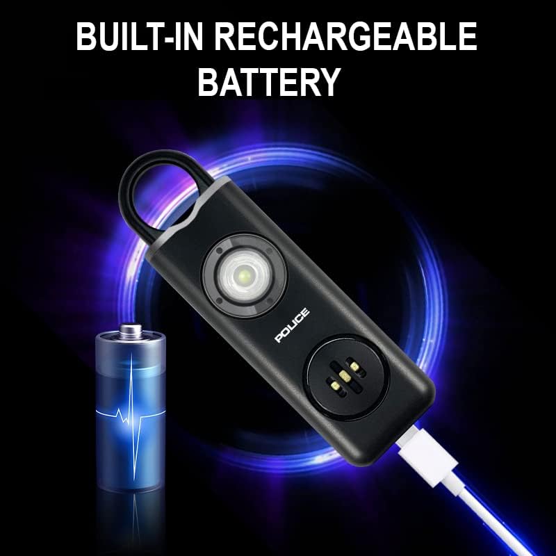 Police Personal Alarm Keychain for Women – 130dB Siren Alarm, LED Flashlight with Strobe Light Rechargeable Safety Alarm- Black