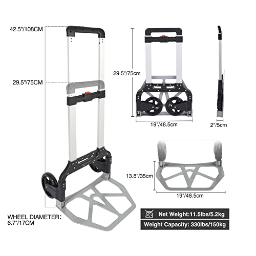 RedSwing Folding Hand Truck 330lbs, Aluminium Portable Hand Cart with Telescoping Handle, Heavy Duty Dolly with 2 Rubber Wheels, Silver