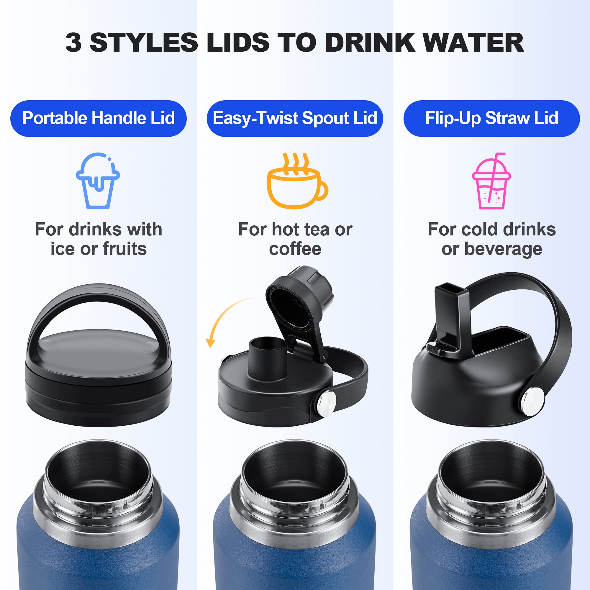 HYDROWION Water Bottle, 32oz Double Wall Vacuum Stainless Steel Insulated Water Flask with Straw Lid, Spout Lid and Flex Cap(Cold for 48 Hrs, Hot for 24 Hrs), Leakproof Travel Thermo Mug, Yellow&Pink