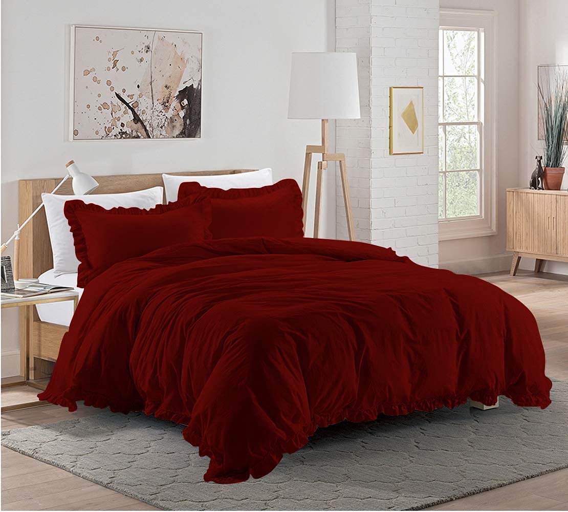 Xtream Fabric 1 Piece Frilled Duvet Cover Corner Edge Ruffle Comforter Cover & 4 Pillowcase, 5 PCs Frilled Duvet Set Cotton 800 TC Full/Queen Size, Burgundy