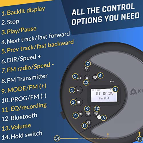 KLIM Discover + Portable CD Player Walkman with Long-Lasting Battery + New 2024 + with Headphones + Radio FM + Compatible MP3 CD Player Portable + SD Card, FM Transmitter, Bluetooth + Ideal for Cars