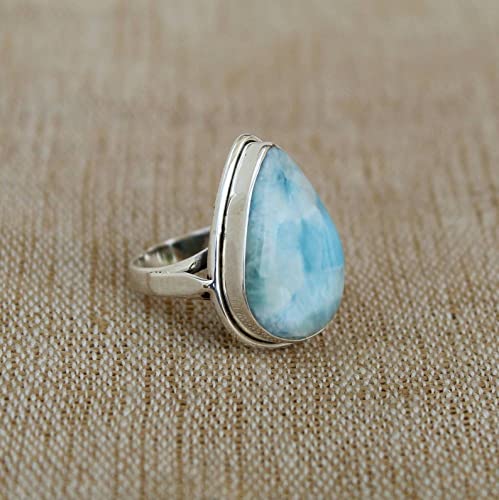 Larimar Pear Shape Gemstone ring Gemstone Rings 925 Sterling Silver Rings Daily Wearable Rings Gift for her Engagement Rings Wedding Ring -1220 (5.5)