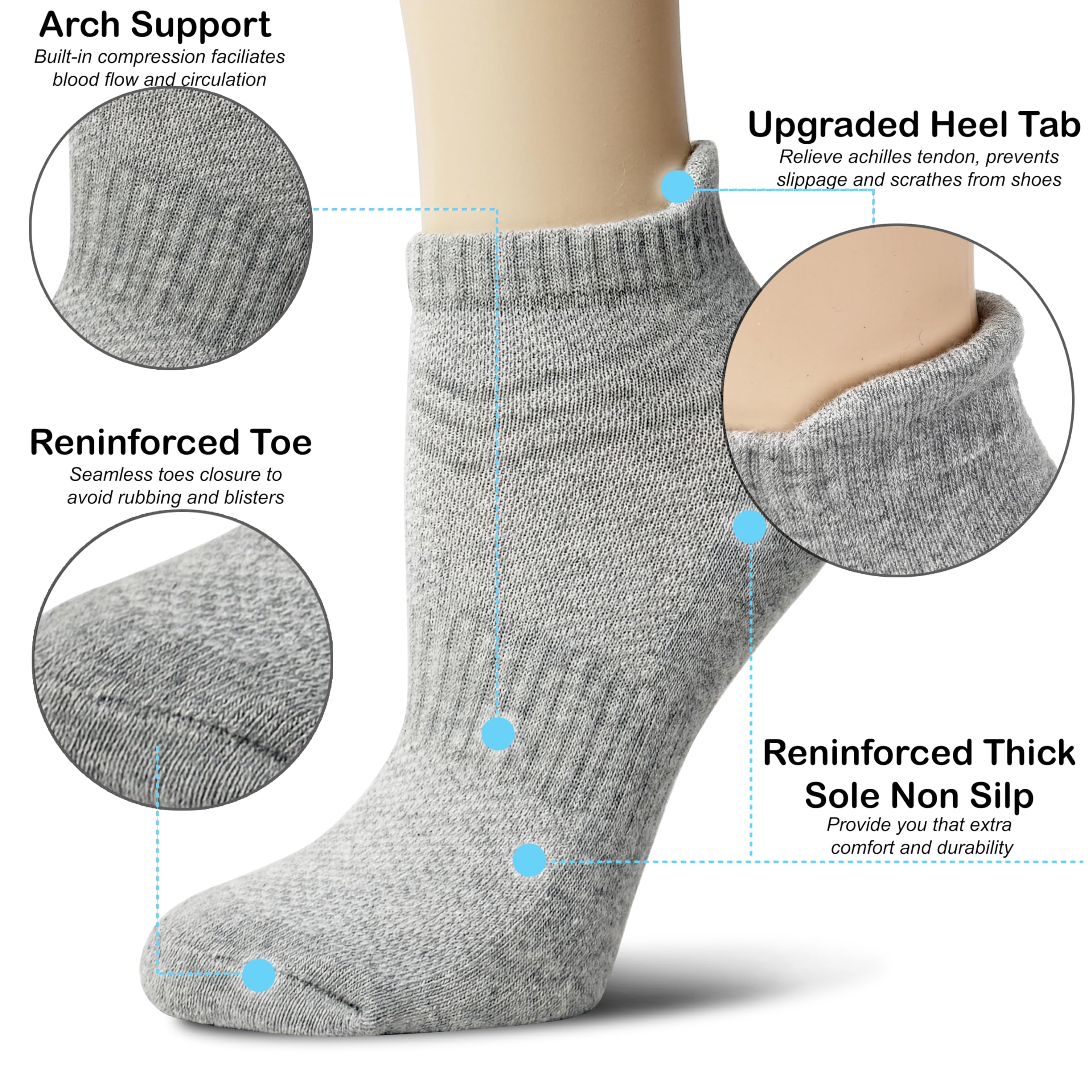 NevEND 6 Pairs Women's and Men's Cotton Cushioned Ankle Socks Running Low Cut Tab Socks M Mixed