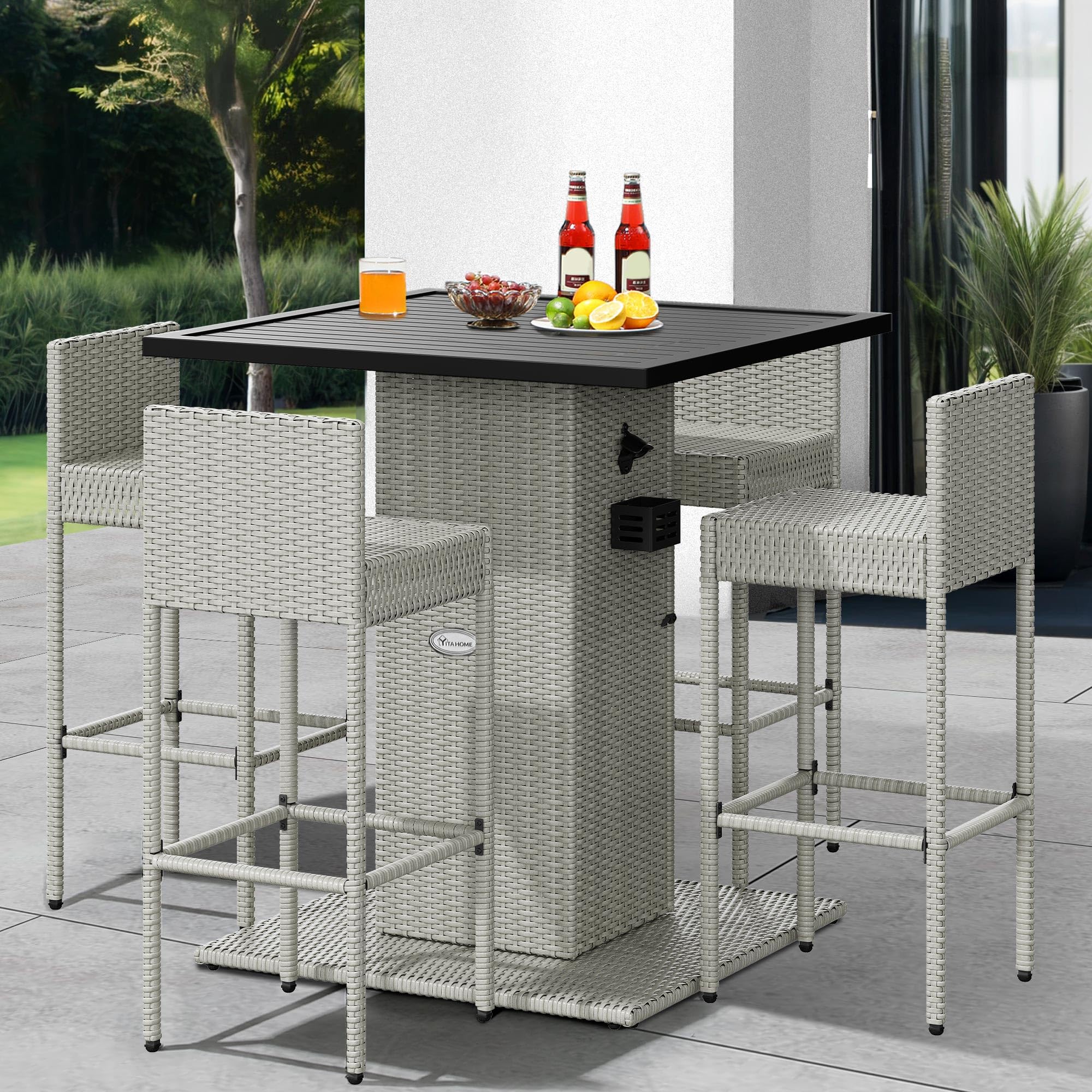 YITAHOME 5-Piece Outdoor Wicker Bar Set with Built-in Bottle Opener, Storage Shelf & Metal Tabletop, 4 Stools with Backrest for Patios, Backyards, Gardens, Poolside, Porches, Gray
