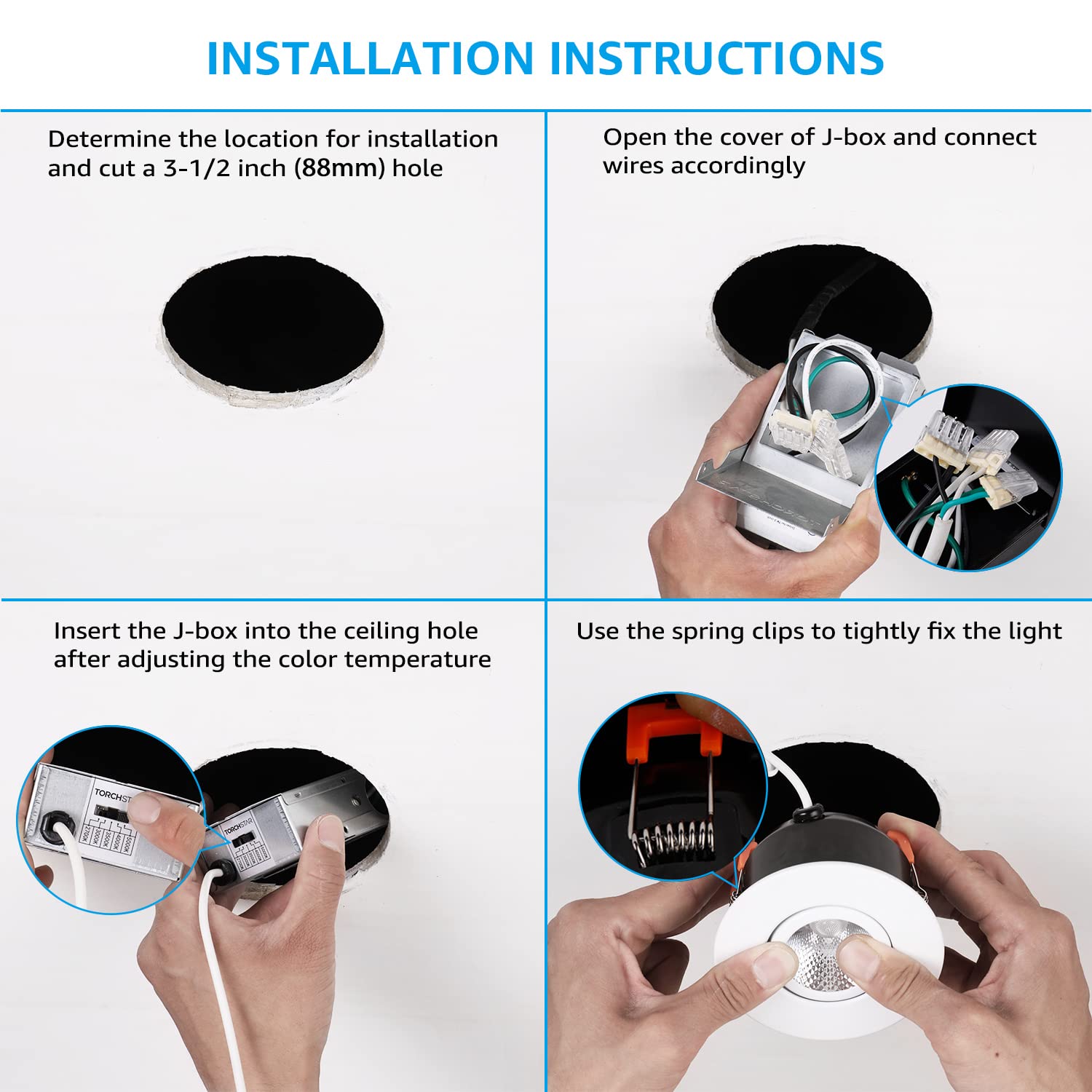 TORCHSTAR 12-Pack 5CCT 3 Inch Gimbal LED Recessed Light, 7W CRI90+ Dimmable Adjustable Eyeball Canless LED Downlight, 2700K/3000K/3500K/4000K/5000K Selectable, Airtight IC, ETL