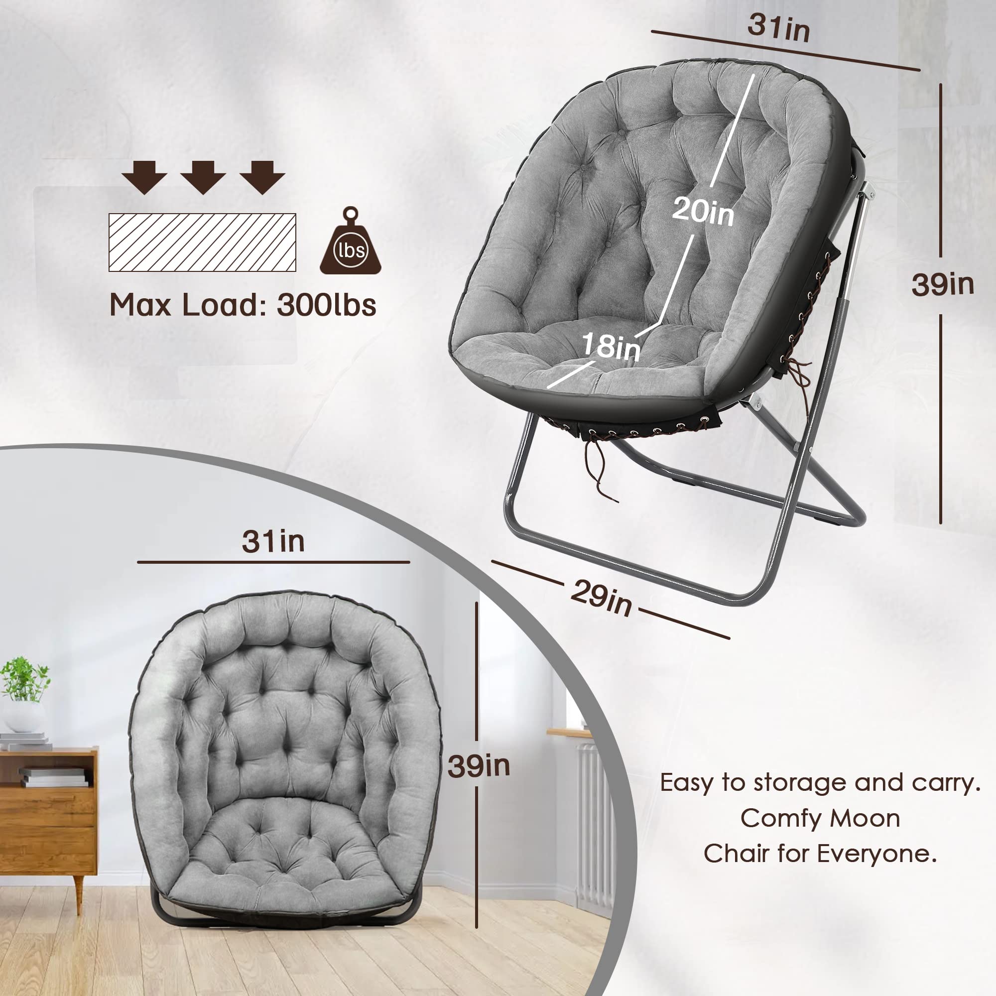 iw I WISH Saucer Chair for Adults,Folding Saucer Chair,Oversized Saucer Chair,Comfy Foldable Chair for Bedroom,Moon Chair,300 lbs (Grey)