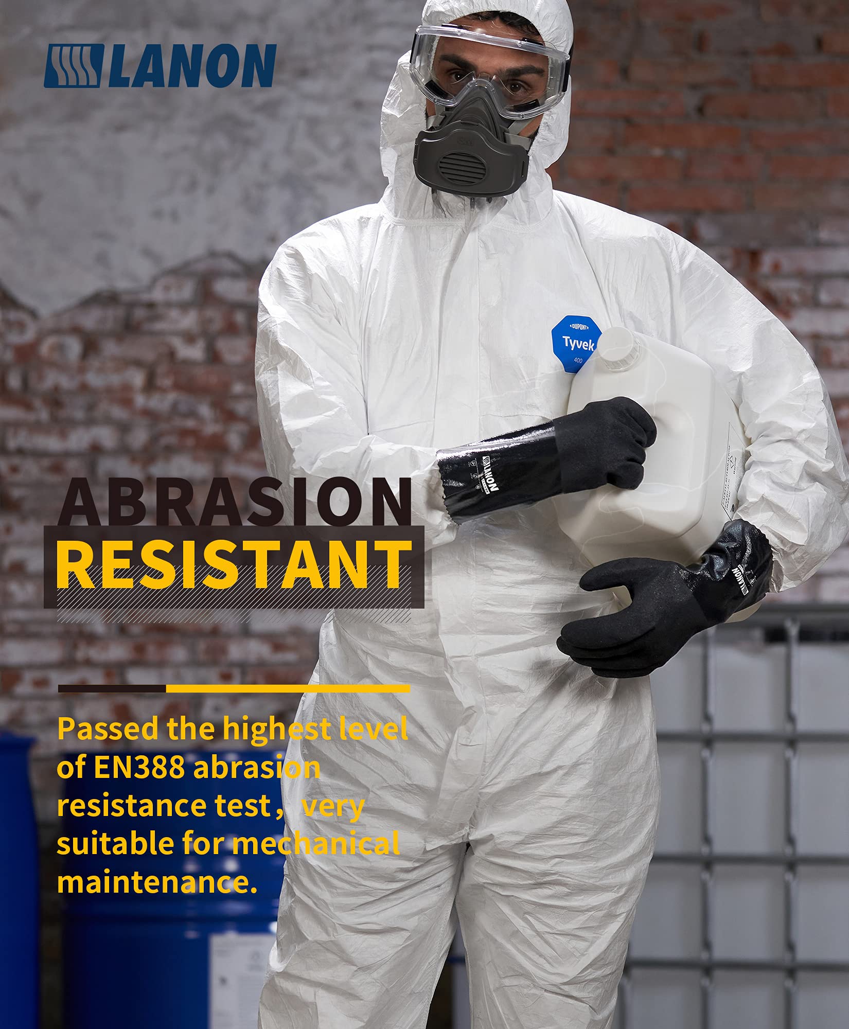 LANON Nitrile Chemical Resistant Gloves, Reusable Heavy-Duty Rubber Gloves with MicroFoam Textured Palm, Acid, Alkali and Oil Protection, Black, Large
