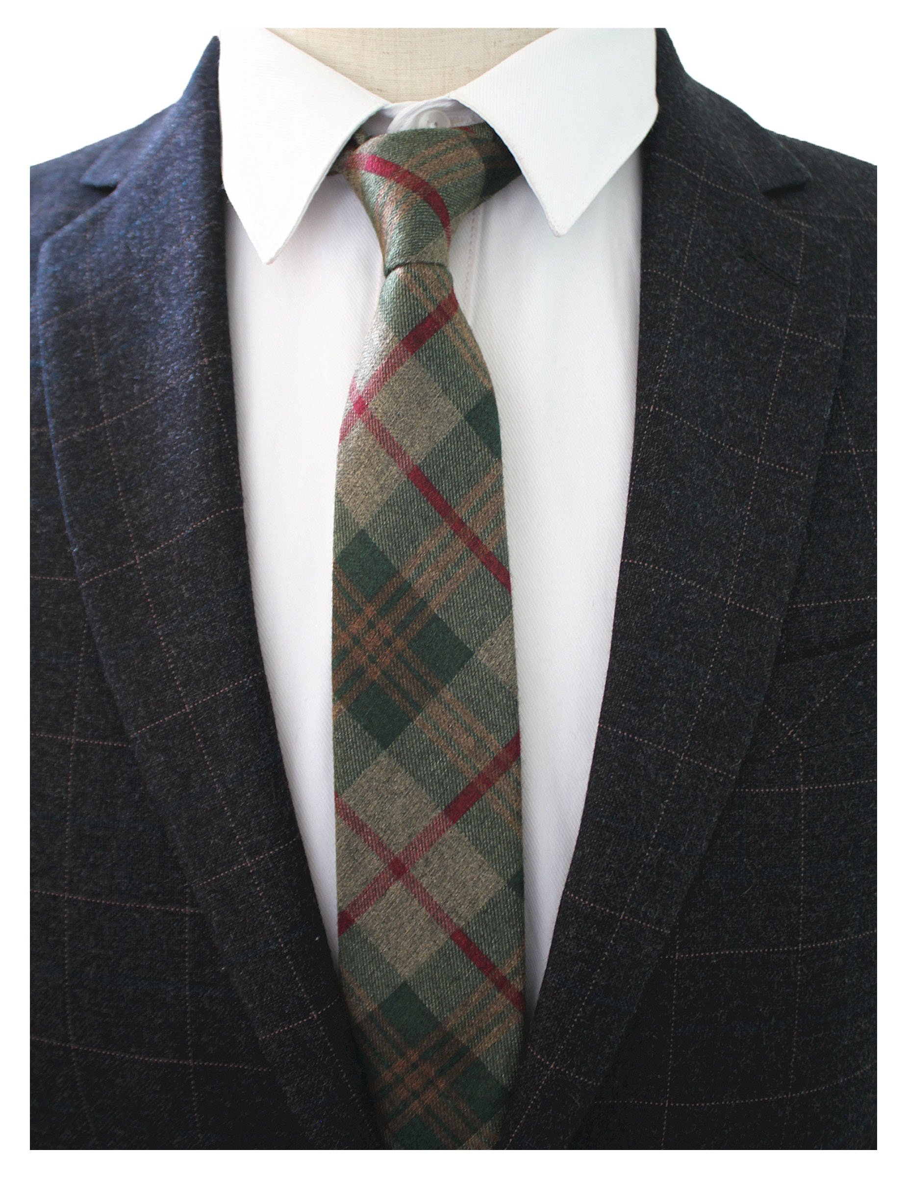 JEMYGINS 2.4" Mens Cotton Skinny Tie Plaid Cashmere Wool Necktie (18)