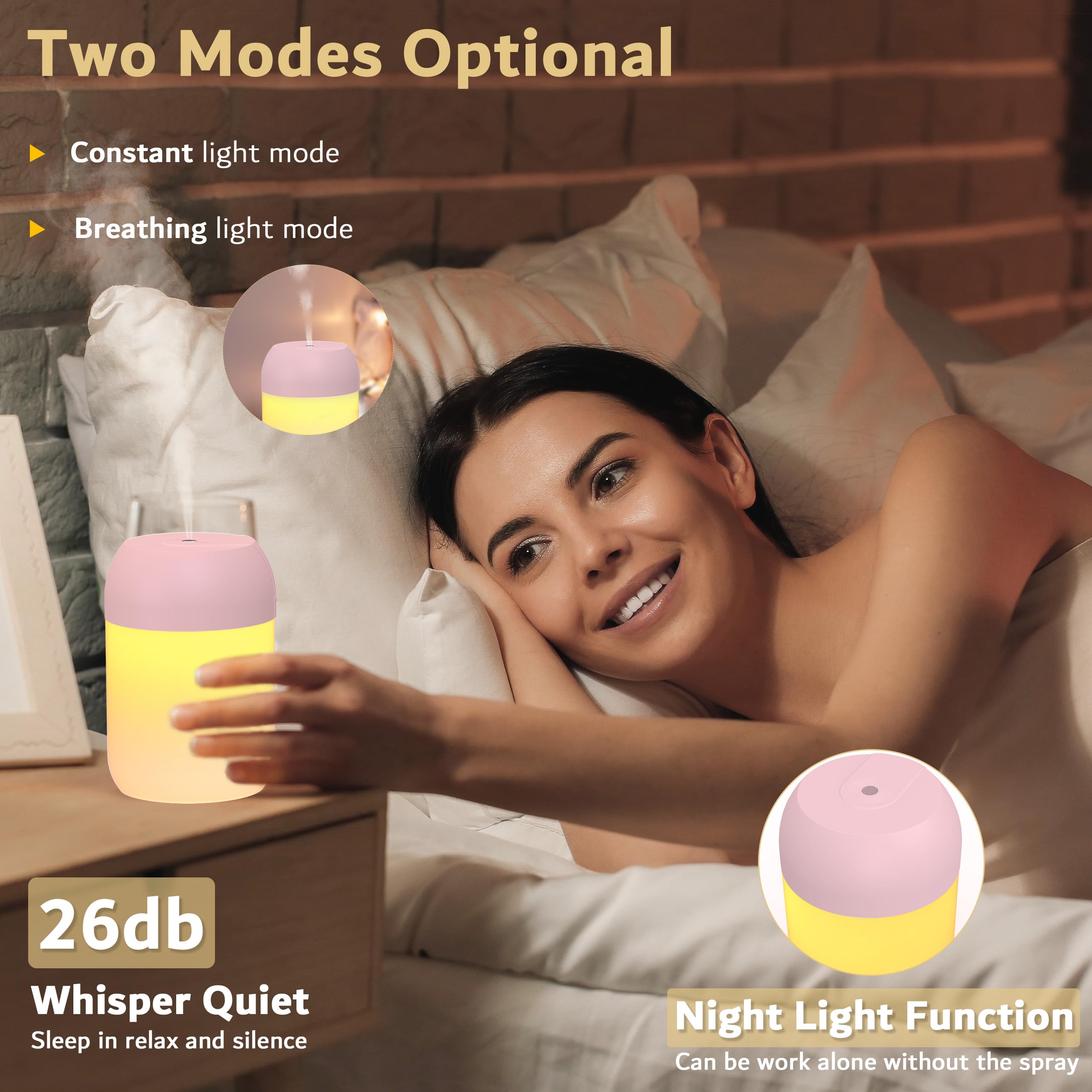 Portable Mini Humidifier, Small Cool Mist Humidifier with Night Light, USB Personal Desktop Humidifier for Baby Bedroom Travel Office Home, 2 Spray Modes, Waterless Auto Shut-Off, Super Quie (Pink)