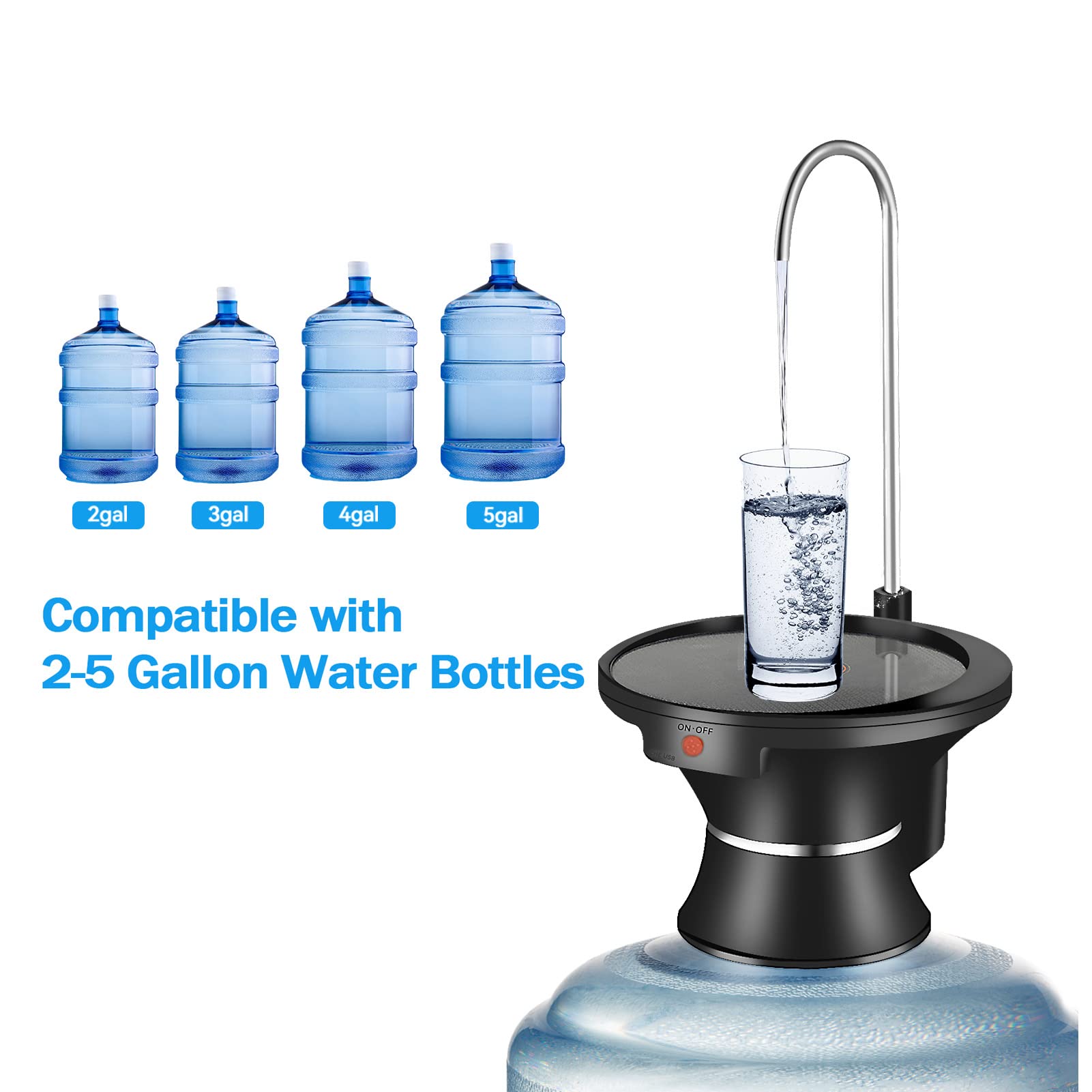 Rromxyuxi Water Pump for 5 Gallon Bottle with Tray, Electric Drinking Water Pump Portable Water Bottle Dispenser, Water Bottle Pump for 1-5 Gallon Water Jugs for Home, Kitchen, Office, Camping