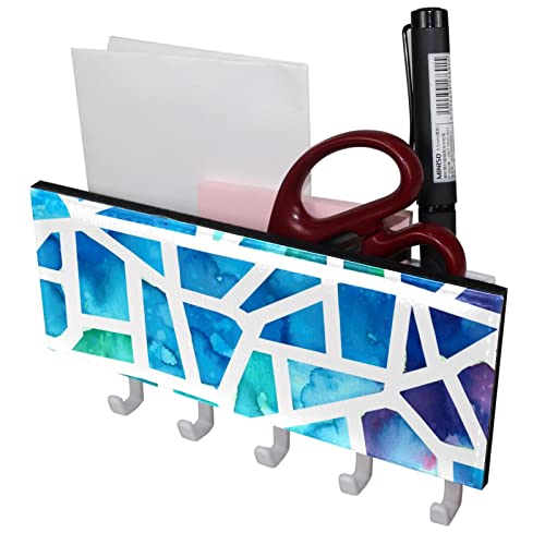 Triangle Mosaico Pattern Mail Holder Organizer and Key Hooks PU Front, Self Adhesive Key Rack with 5 Hooks Perfect for Entryway, Hallway,Bathroom ,Kitchen