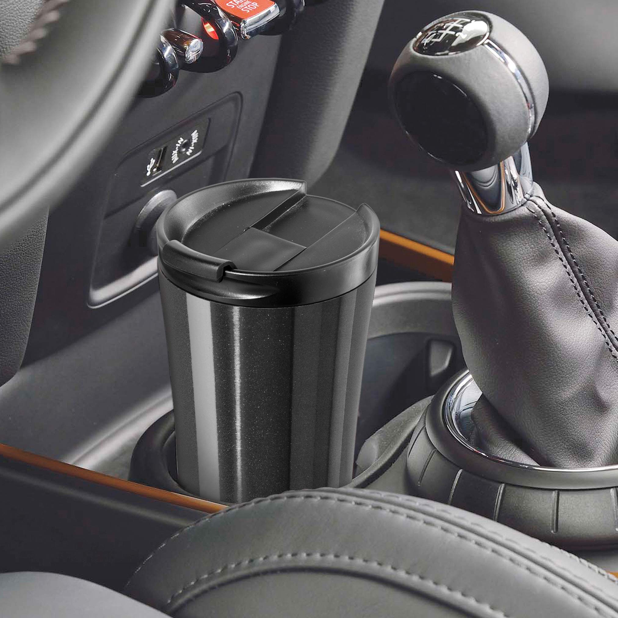 Oggi CONTOUR Stainless Steel Travel Tumbler - Black, 16 oz, with flip open lid for hot and cold beverages.