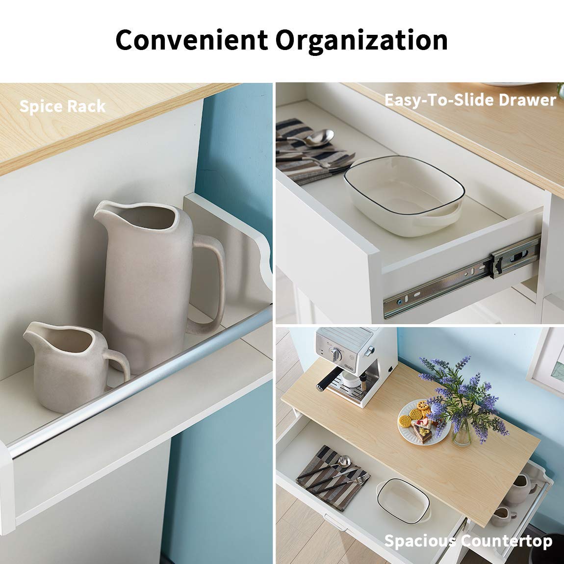Kitchen Island with Storage on Wheels Kitchen Cart Trolley with Storage, Buffet Cabinet, Wood Top Kitchen Cart , Storage Cabinet, Spice Rack for Kitchens Dining, White, White, 35.4x15.6x35inch