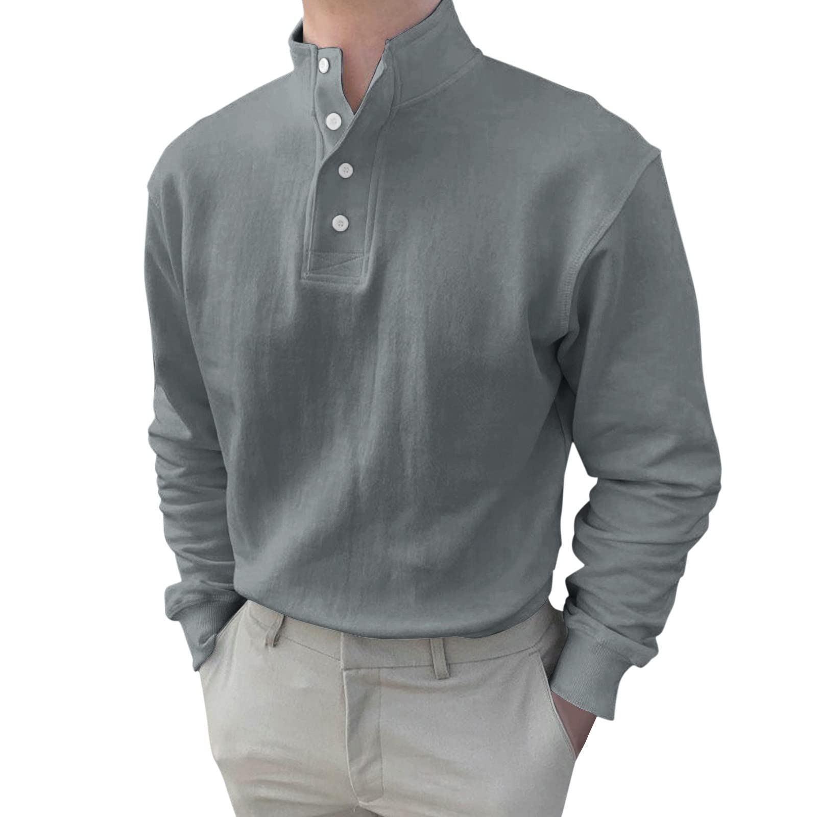 Men Spring and Autumn Button Round Neck Solid Color Blouse Long Sleeve Top Bottoming Shirt Loose Mens Athletic Top Dark Gray