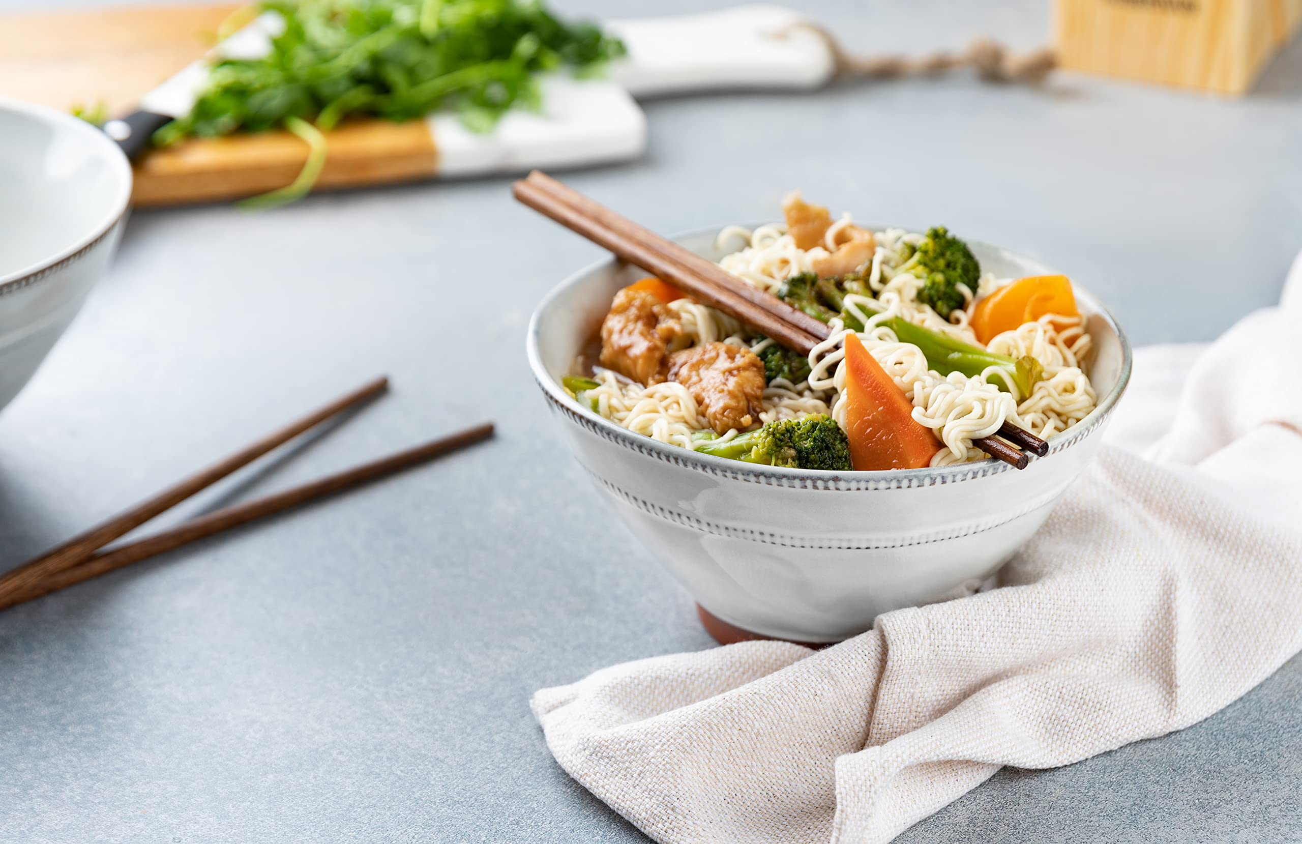 KooK Ramen Bowls, Terracotta Japanese, Microwavable, Dishwasher Safe, for Rice, Udon, Soba, Pho, 36 oz, with One Set of Wooden Chopsticks, Set of 2 (Cloudy White)