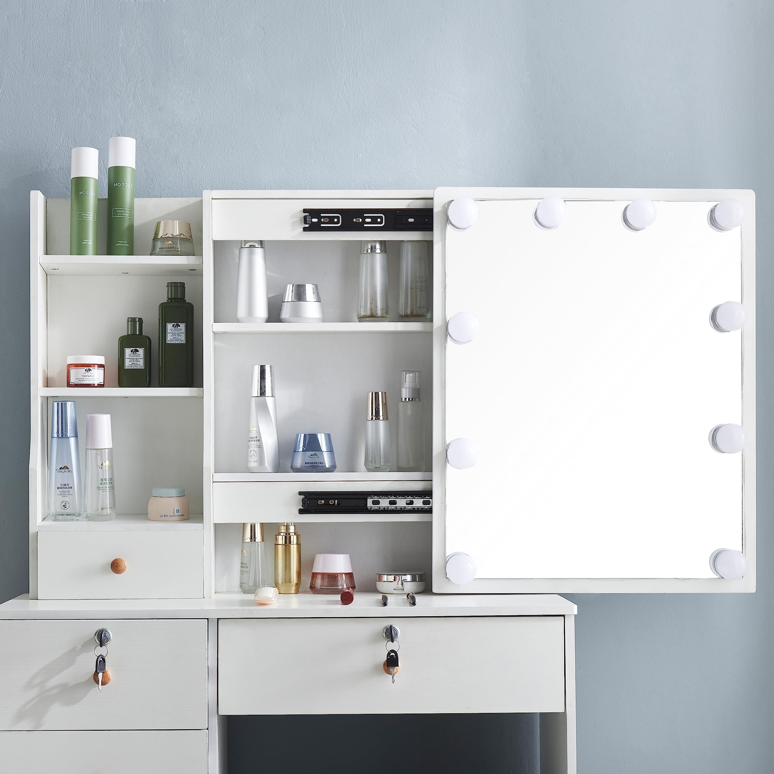 Jarbalai White Makeup Vanity Dressing Table with Sliding LED Lighted Mirror, Modern Vanity Set with 5 Drawers and Cushioned Stool, Makeup Vanity Desk Dresser for Bedroom