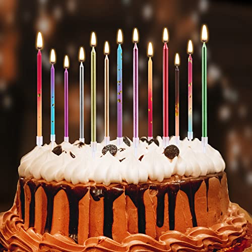 SHARESYNC Metallic Birthday Candles in Holders Birthday Cake Candles Long Thin Cupcake Candles for Wedding Party Decoration(24 Pieces) (Green)
